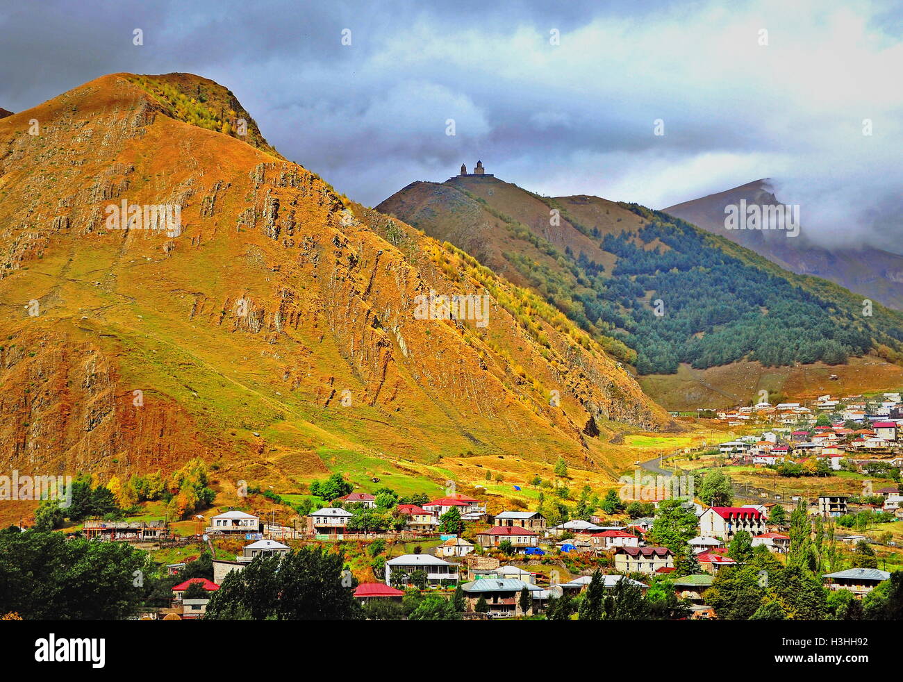 Panoramic view of Stepantsminda town, Georgia Stock Photo - Alamy