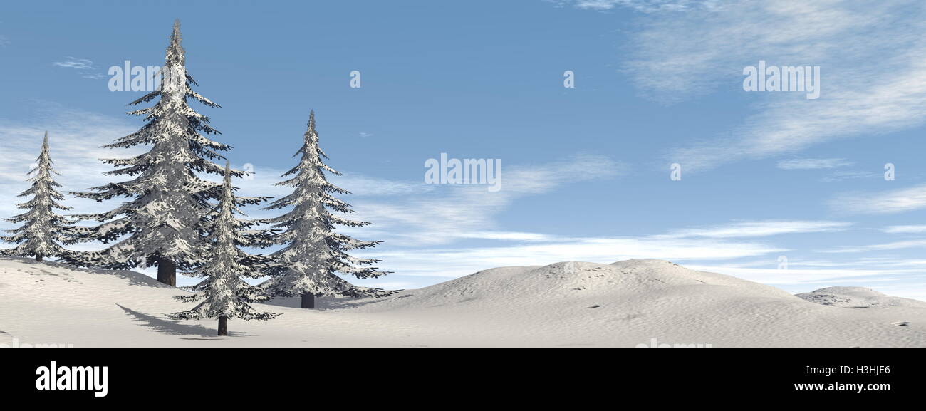 Winter fir trees landscape by sunset - 3D render Stock Photo - Alamy
