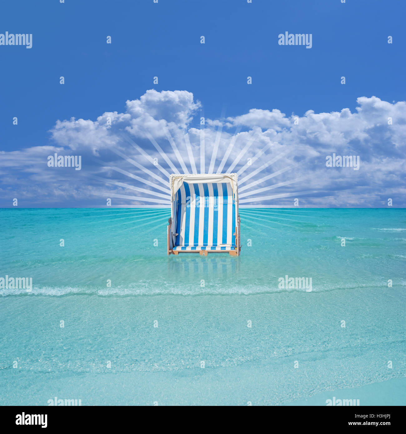 Beach chair standing in high tide water with similar rays to the ...