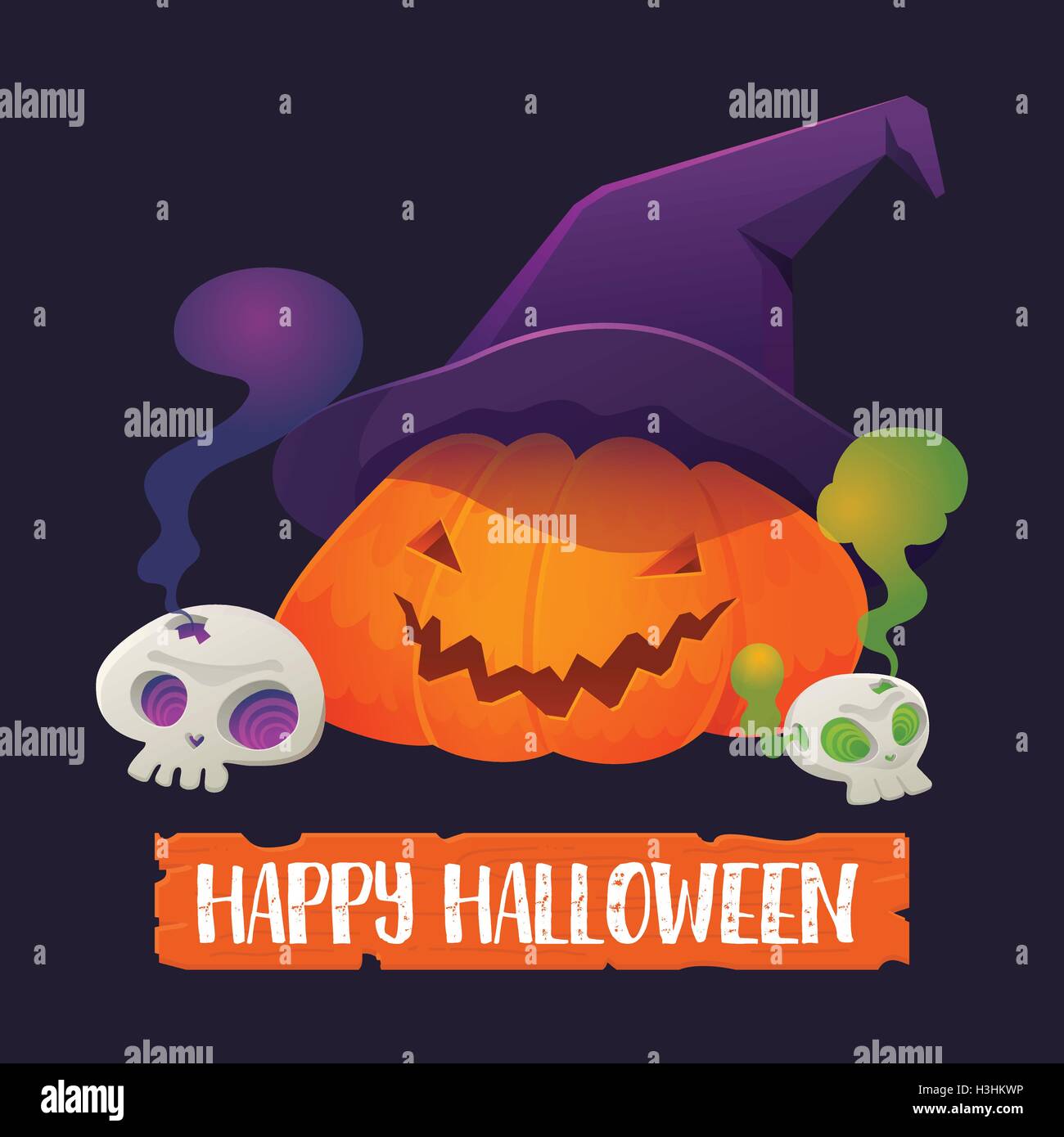 Vector Illustration of Pumpkin Jack-O'-Lantern wearing Witch Hat with ...