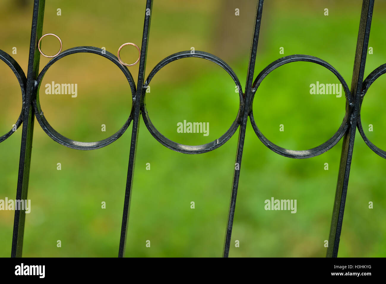 Gold wedding ring placed on a black metal fence Stock Photo - Alamy