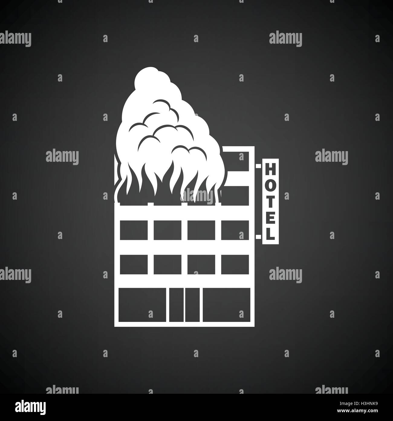 Hotel building in fire icon. Black background with white. Vector ...