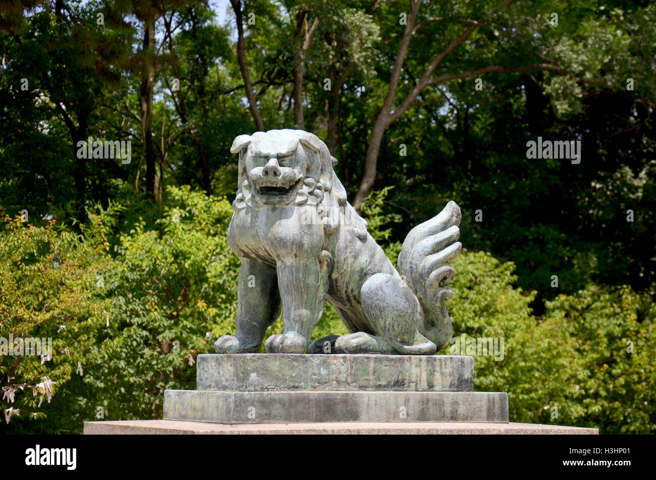 Stone Lions guardian statue japanese style at Hokoku Shrine is a Shinto ...