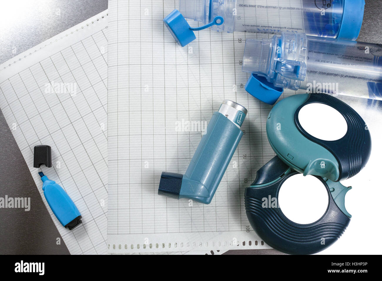 Asthma relief concept, salbutamol inhalers, aerosol medication and ...