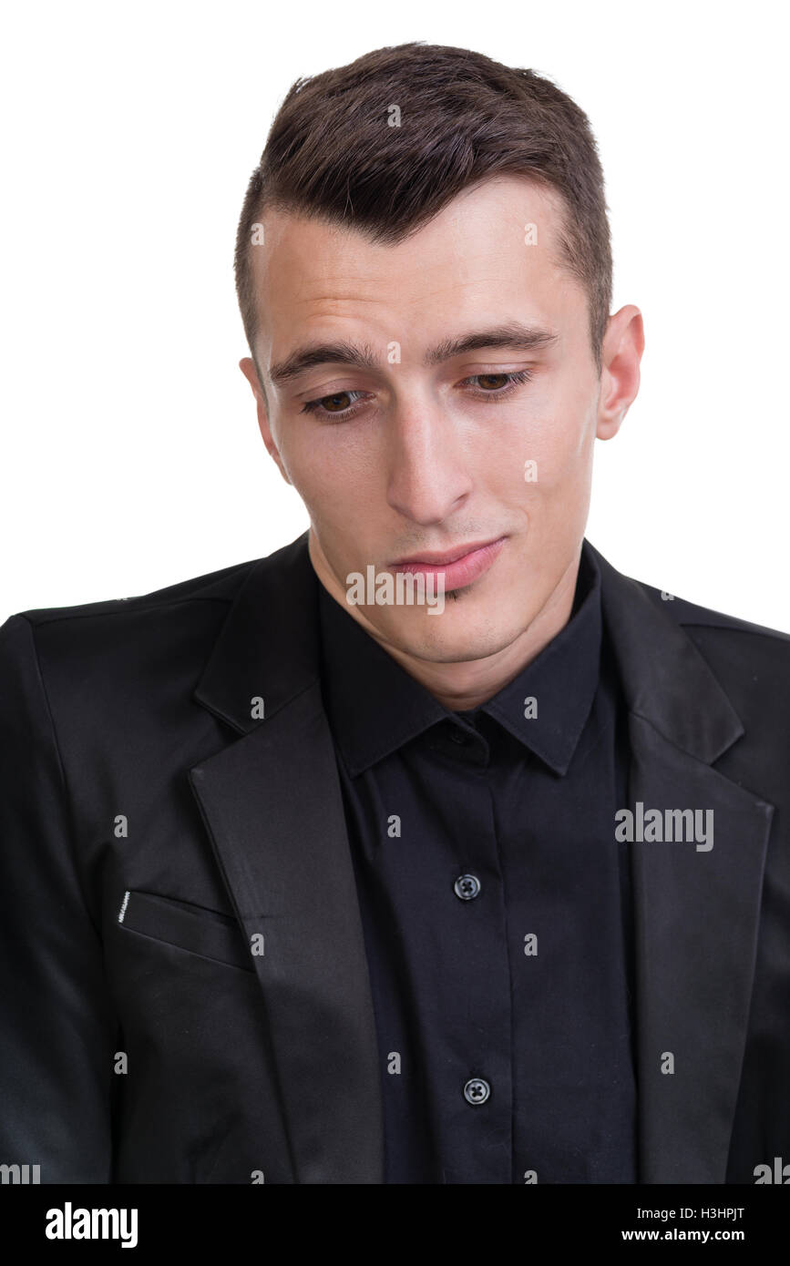 Closeup portrait of sad and depressed man isolated on white Stock Photo ...