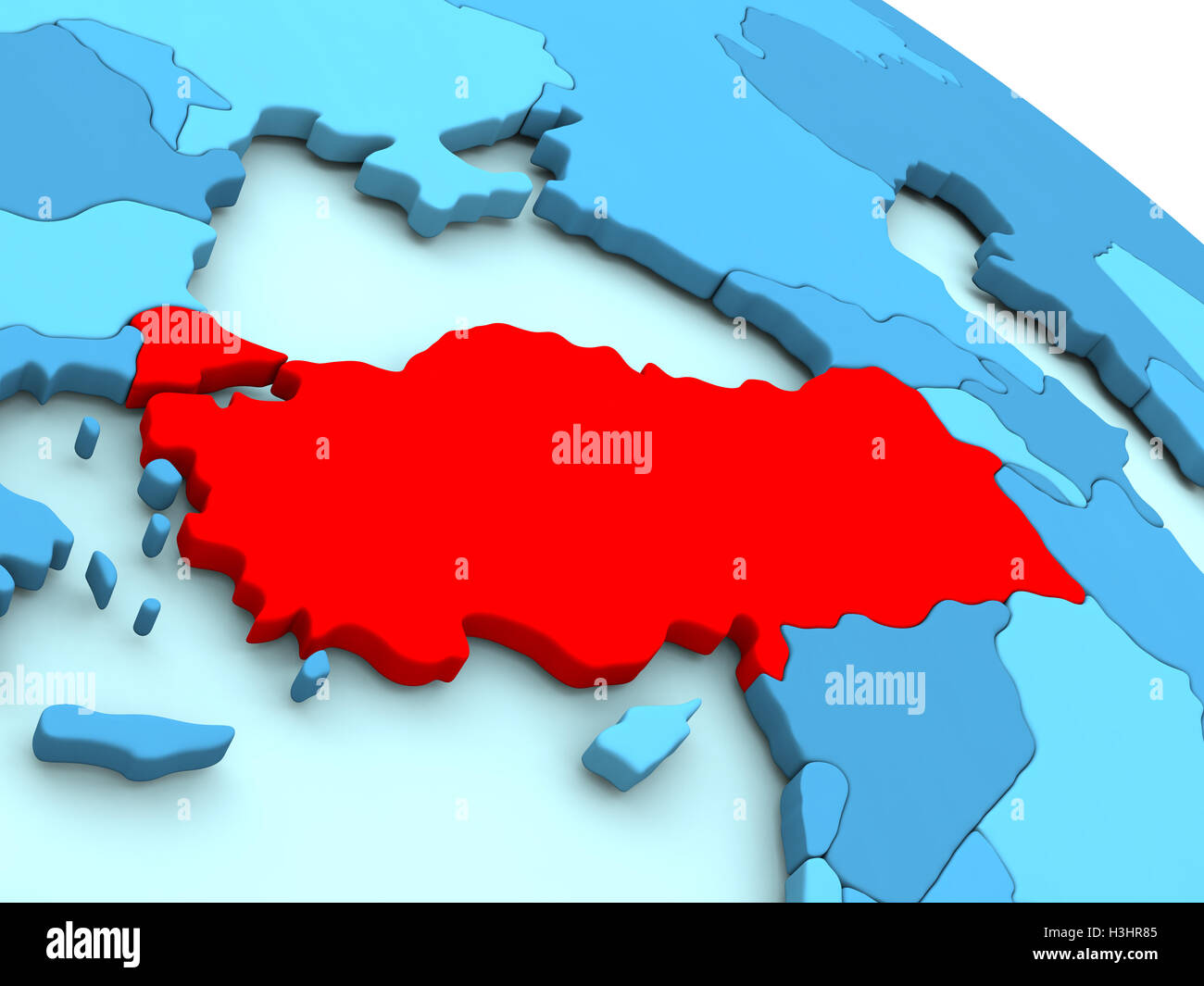 3D illustration of Turkey highlighted in red color on blue globe Stock ...
