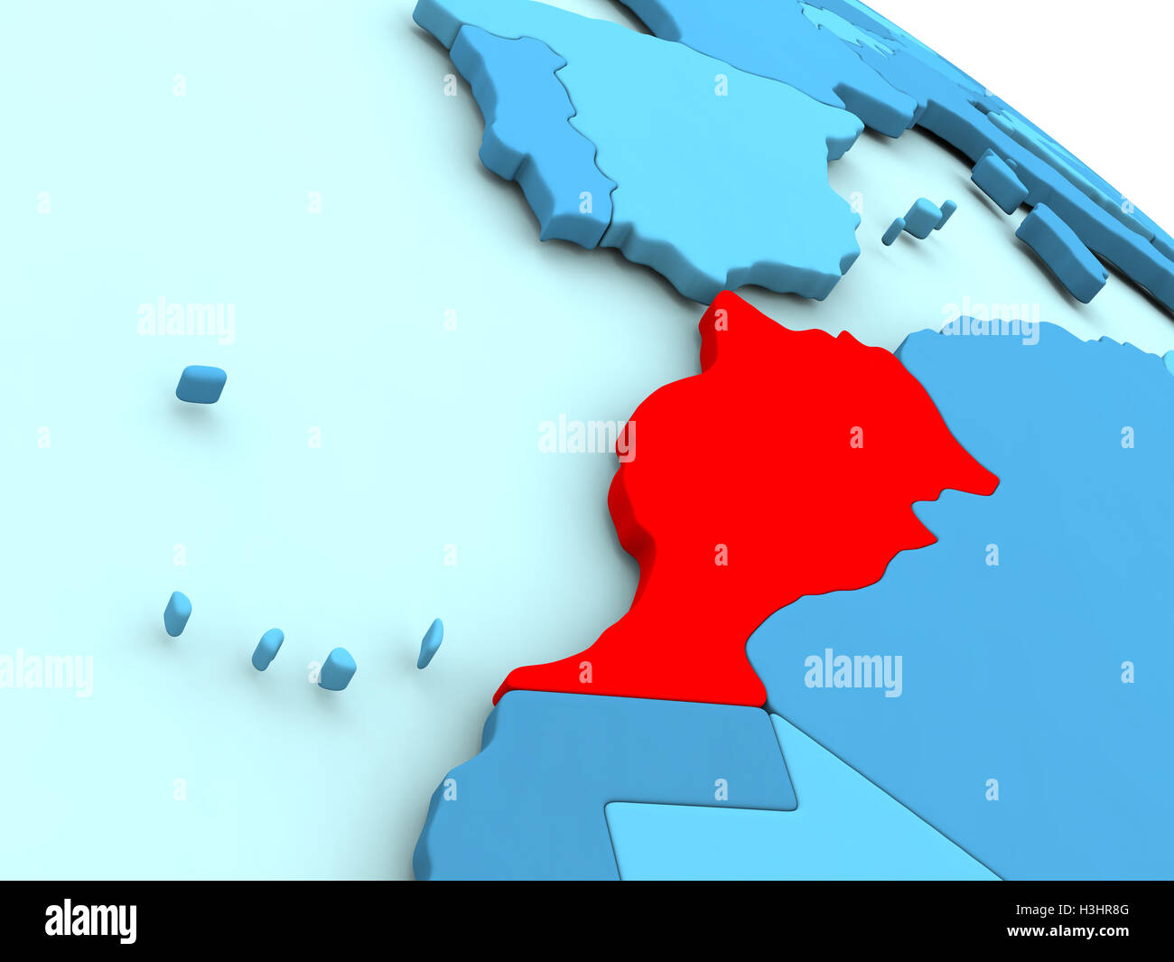 3D illustration of Morocco highlighted in red color on blue globe Stock ...