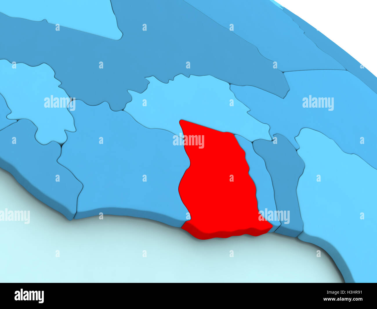 3D illustration of Ghana highlighted in red color on blue globe Stock ...
