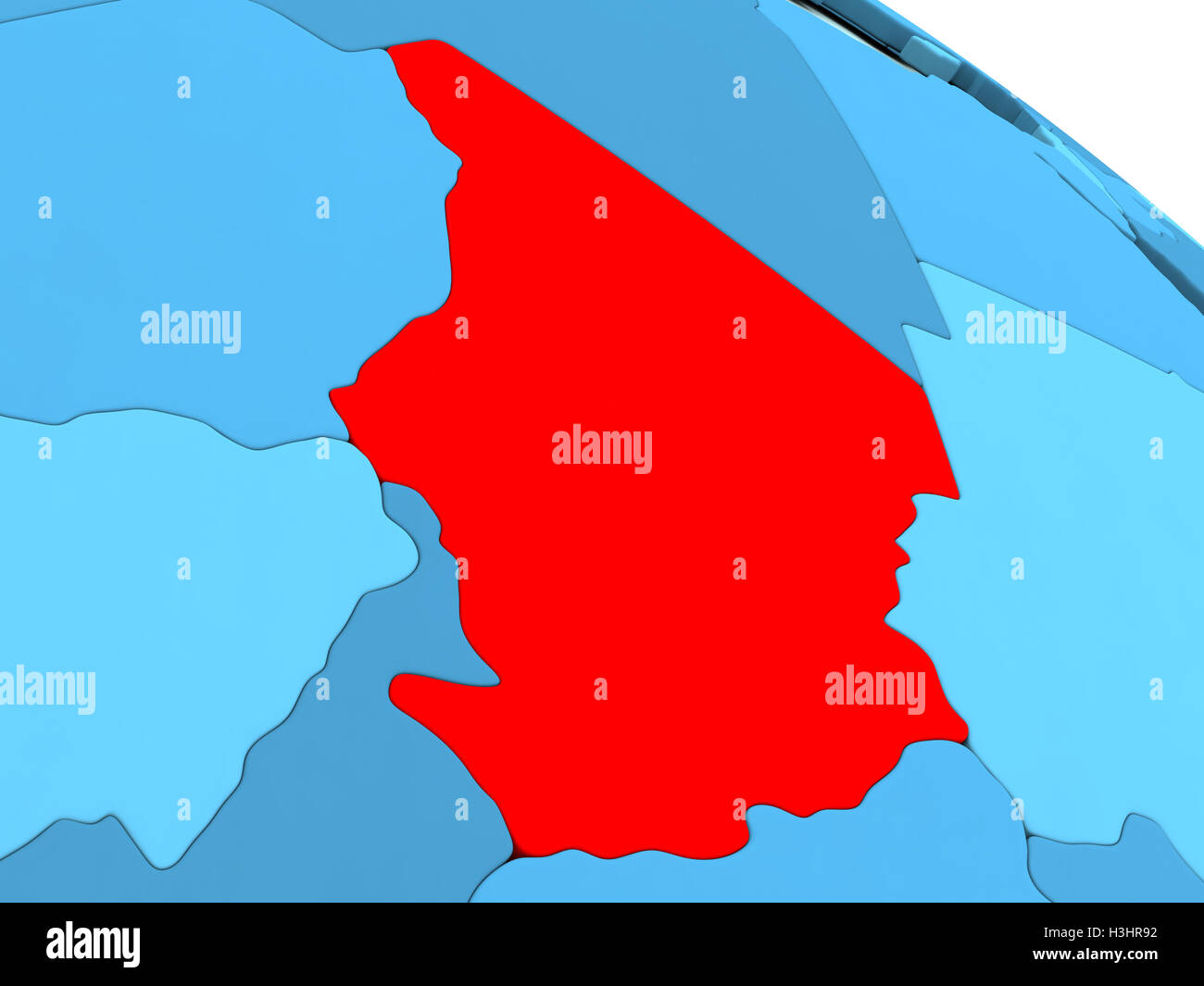 3D illustration of Chad highlighted in red color on blue globe Stock ...