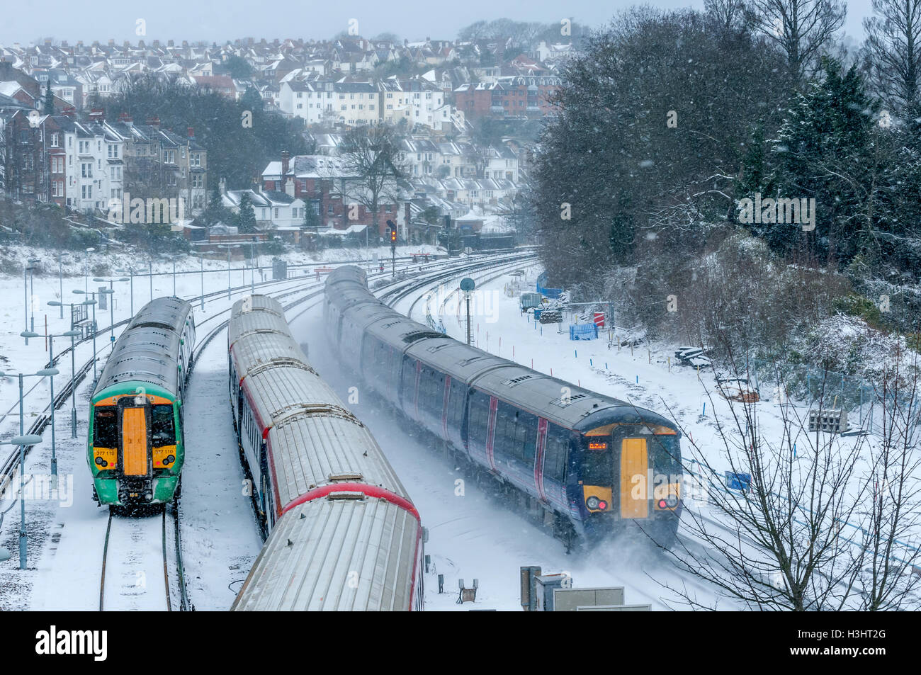 Snowfall causes trouble for the railways at Brighton Stock Photo - Alamy