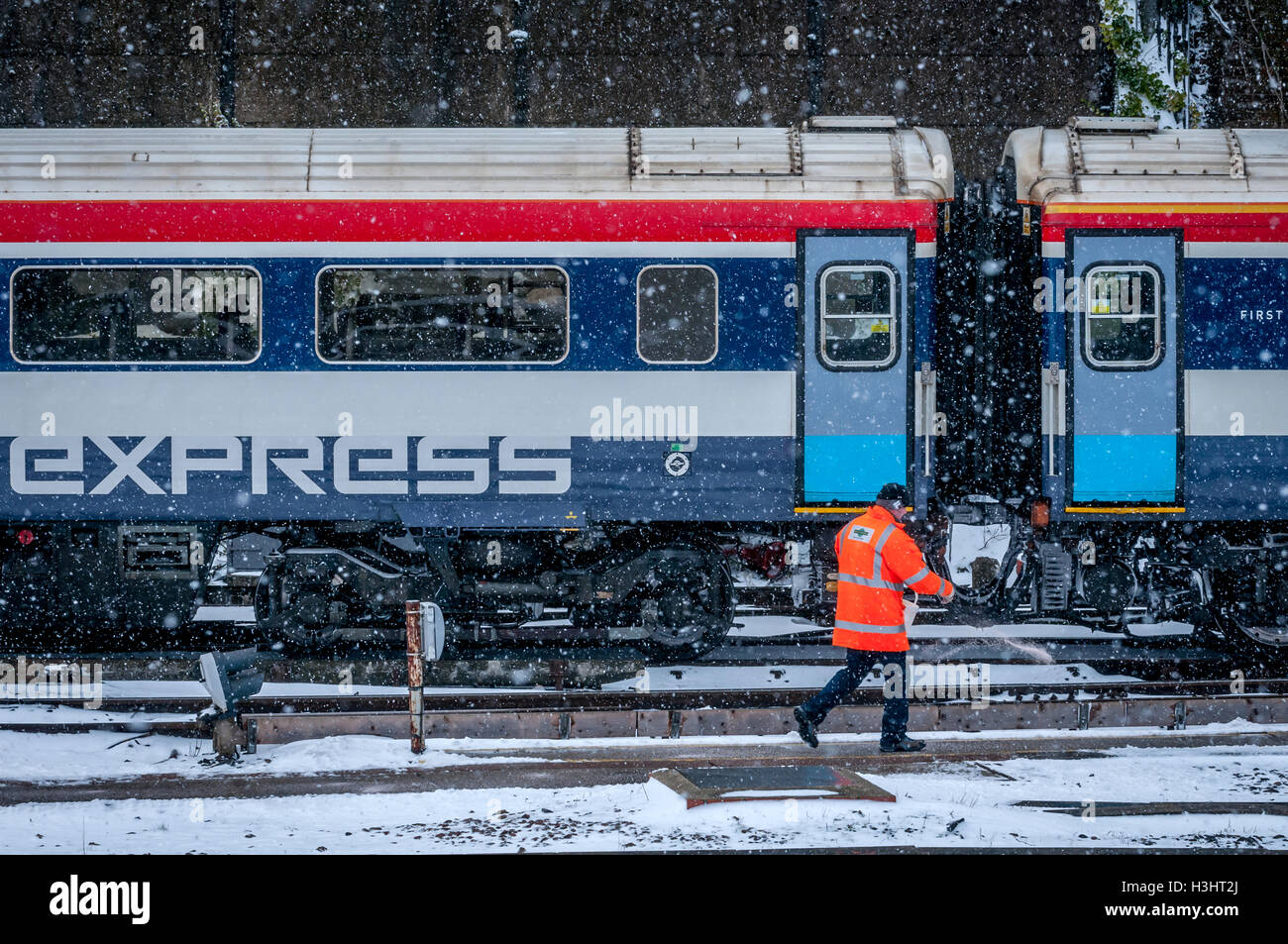 Snowfall causes trouble for the railways at Brighton Stock Photo - Alamy