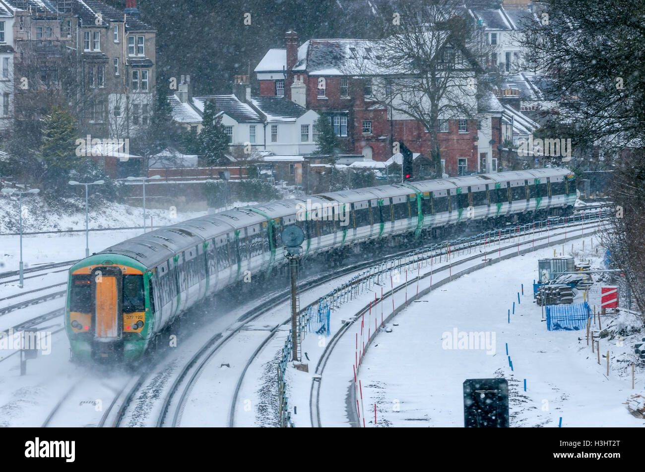 Snowfall causes trouble for the railways at Brighton Stock Photo - Alamy