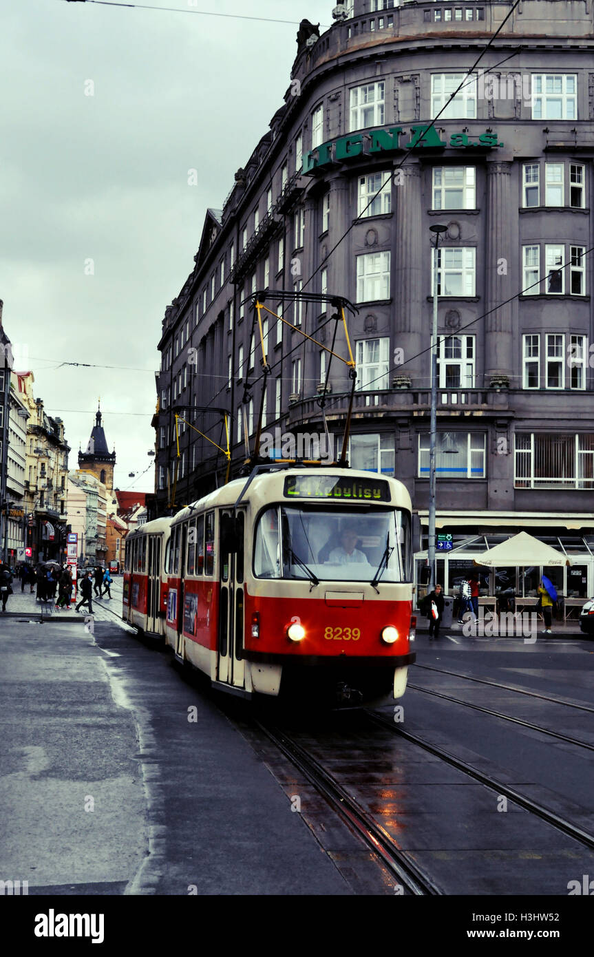 Red and yellow tram on the streets of Prague Stock Photo - Alamy