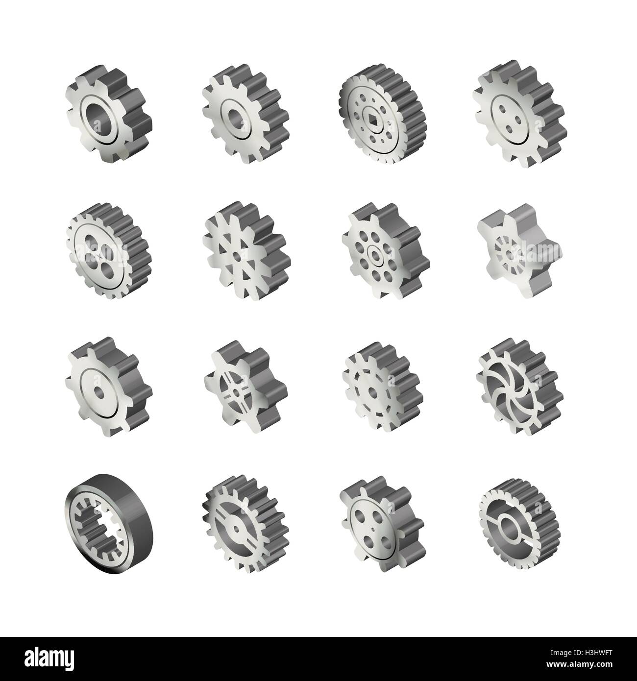 Set of realistic glossy metal gears in isometric view on white Stock ...