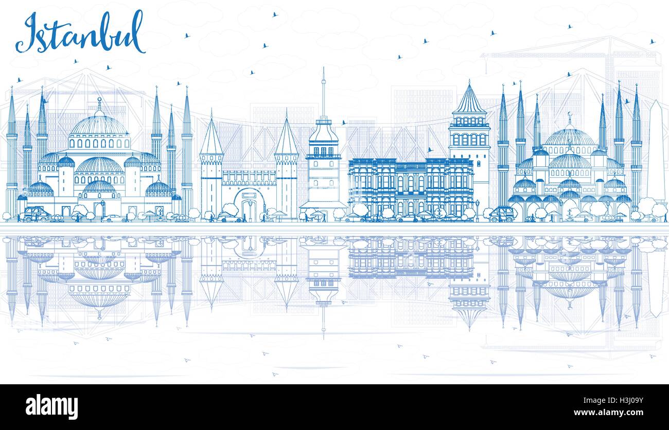 Outline Istanbul Skyline with Blue Landmarks and Reflections. Vector ...