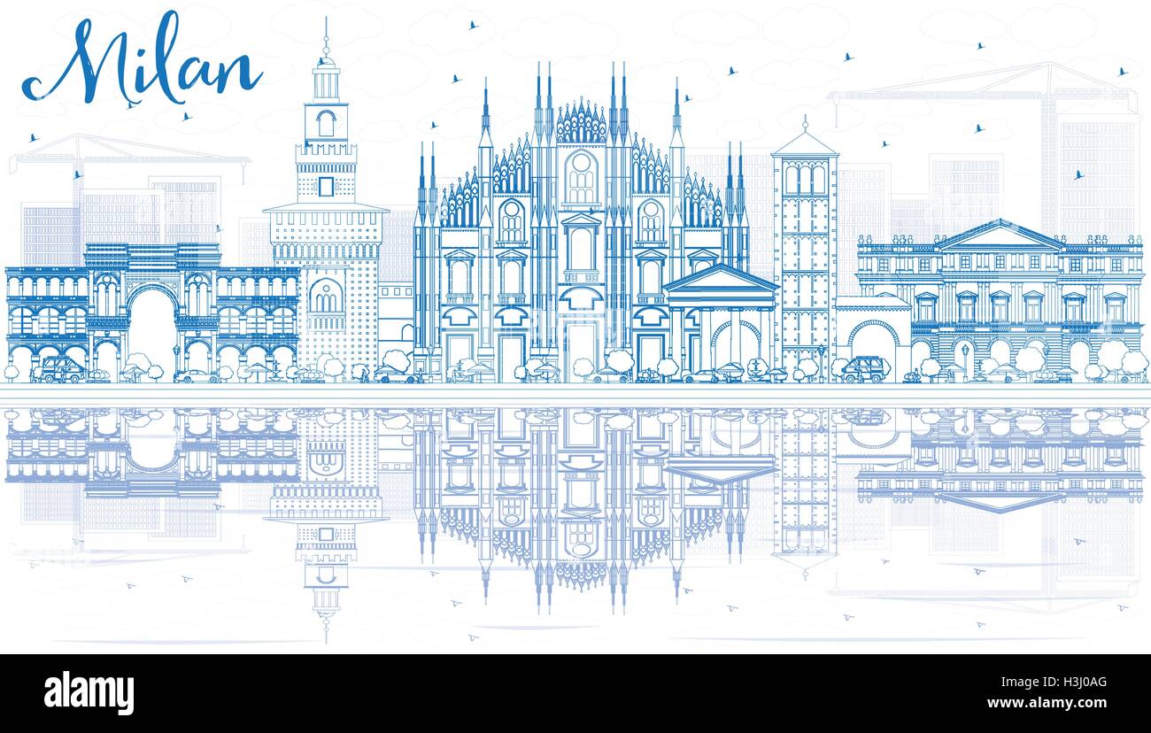 Outline Milan Skyline with Blue Landmarks and Reflections. Vector ...