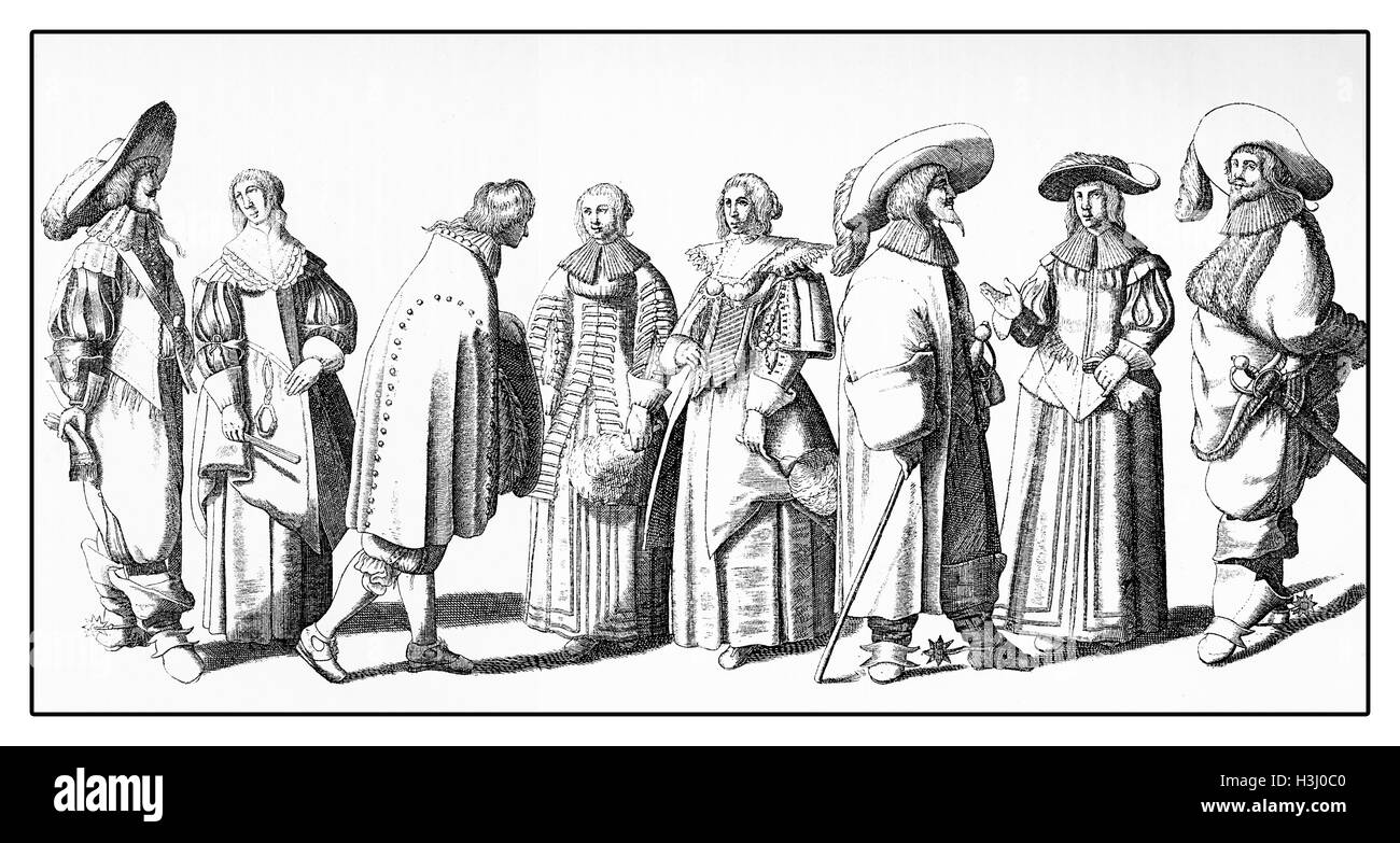 European fashion outdoors, costumes and lifestyle, XVII century Stock ...