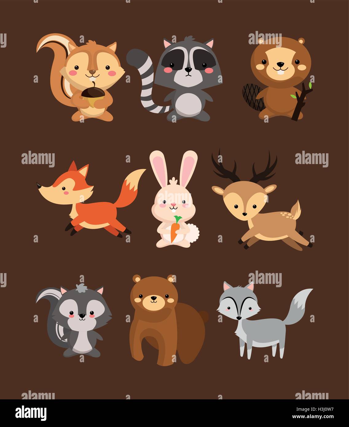 fox rabbit deer squirrel raccoon beaver skunk and bear icons ima Stock ...