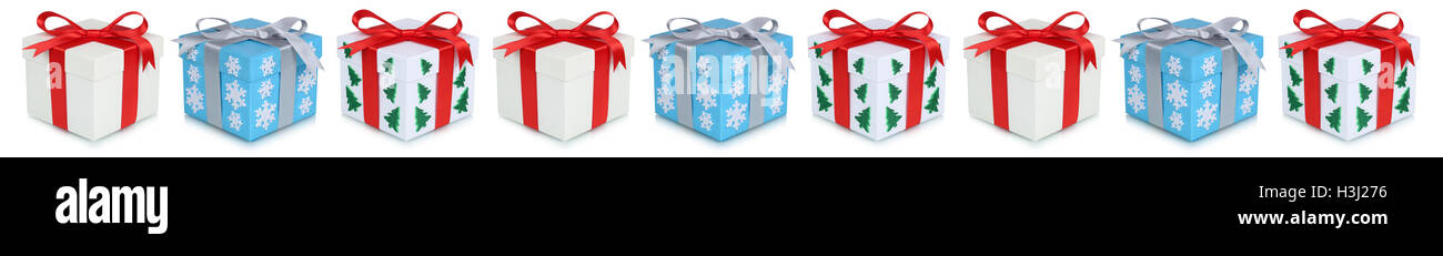 Christmas gifts gift box present in a row isolated on white Stock Photo ...