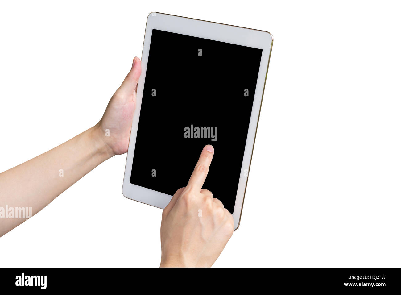 Close up hand woman holding tablet and touchscreen on isolated white ...