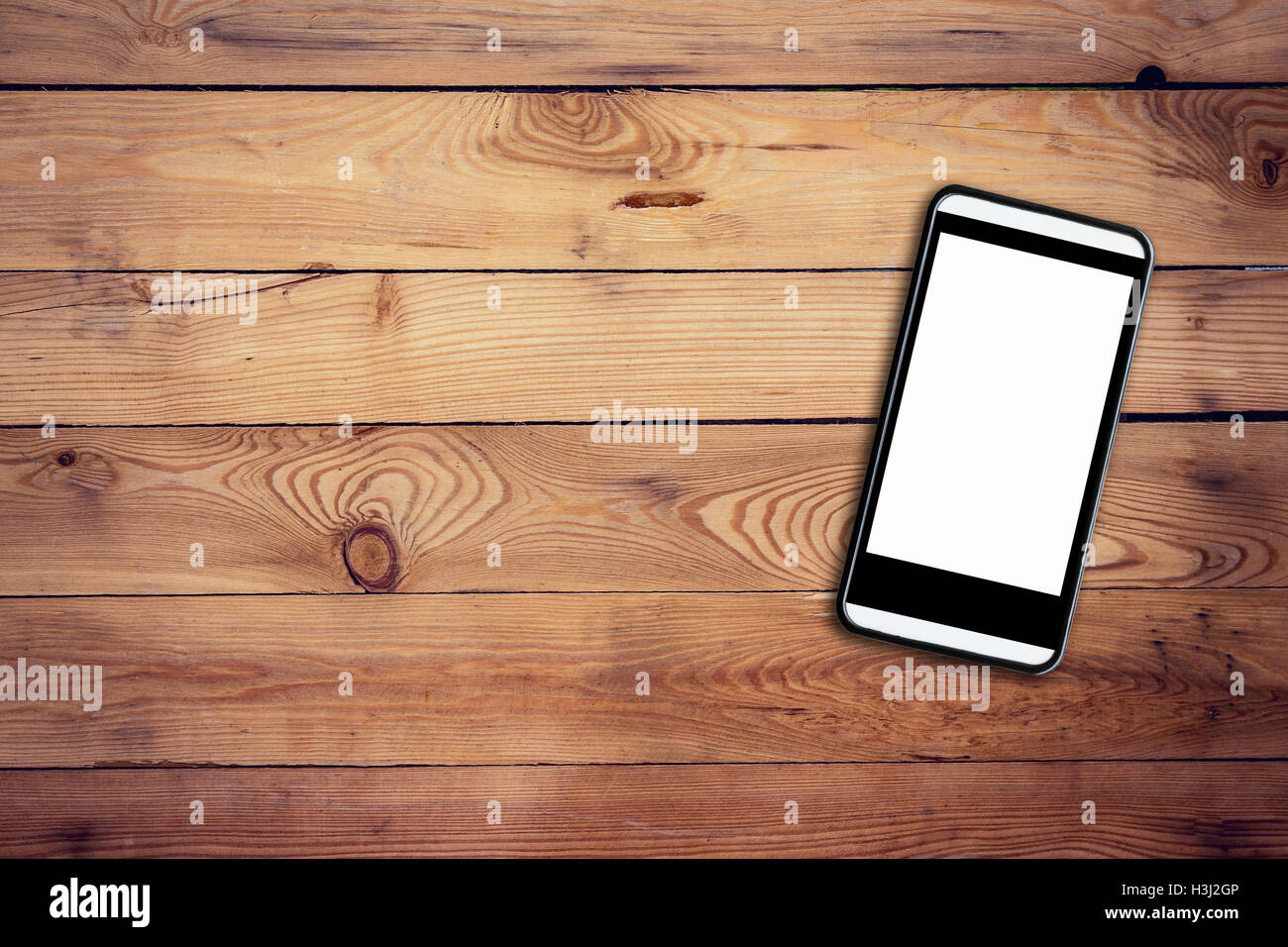 Blank screen phone on table wood background with space Stock Photo - Alamy