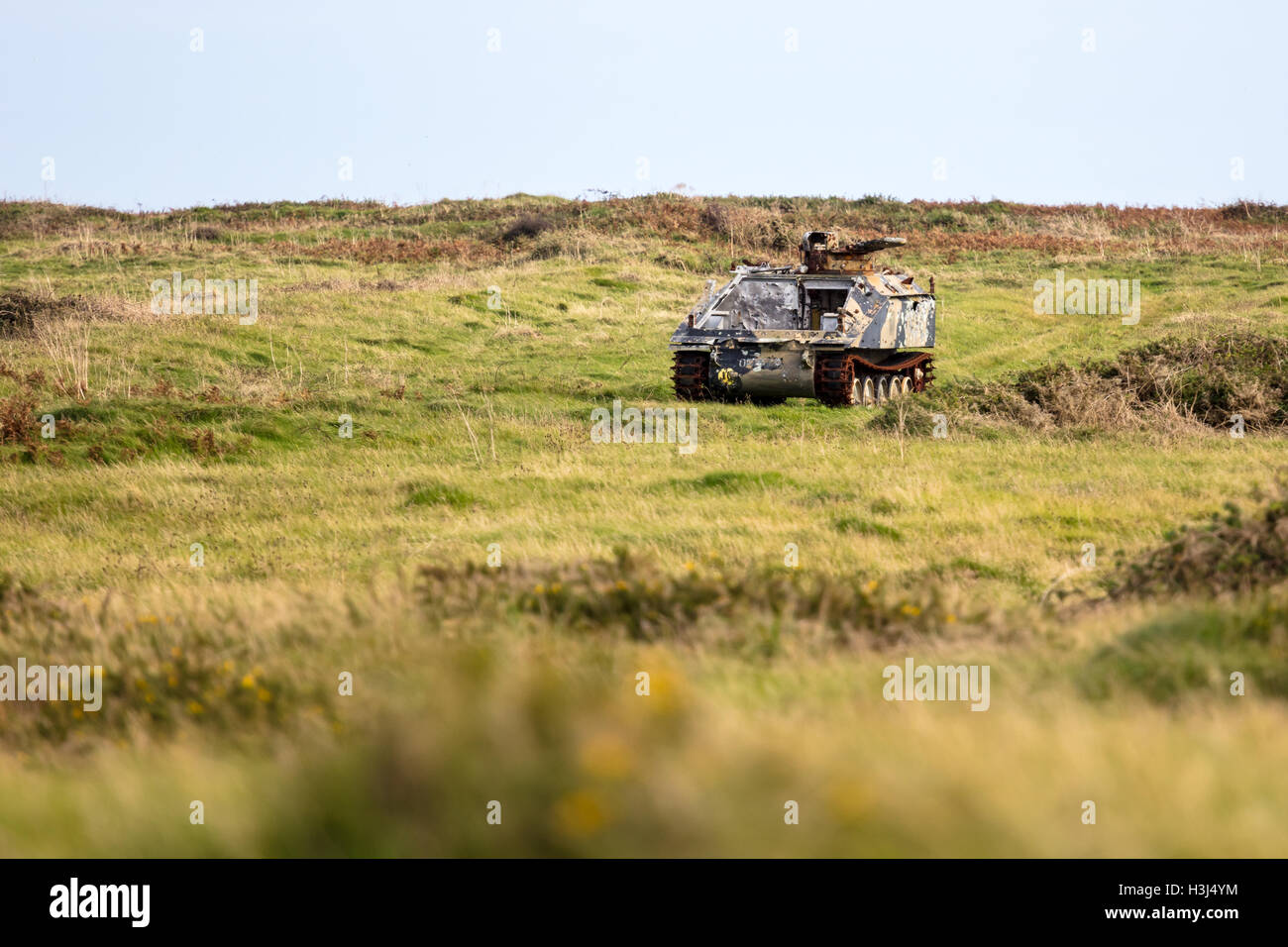 Old armored vehicle used for target practice on the Castlemartin Range ...