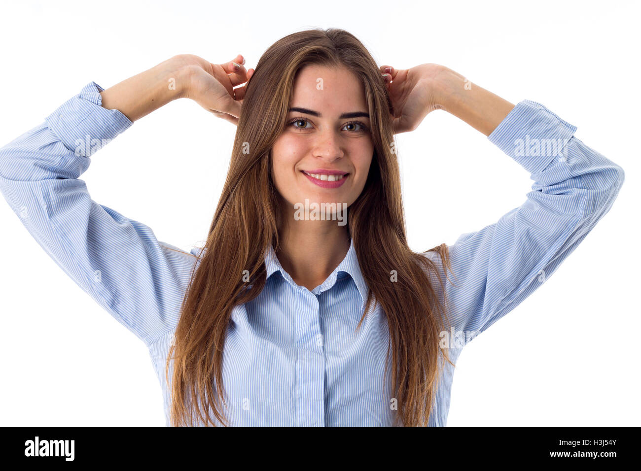 Woman holding hands up Stock Photo - Alamy