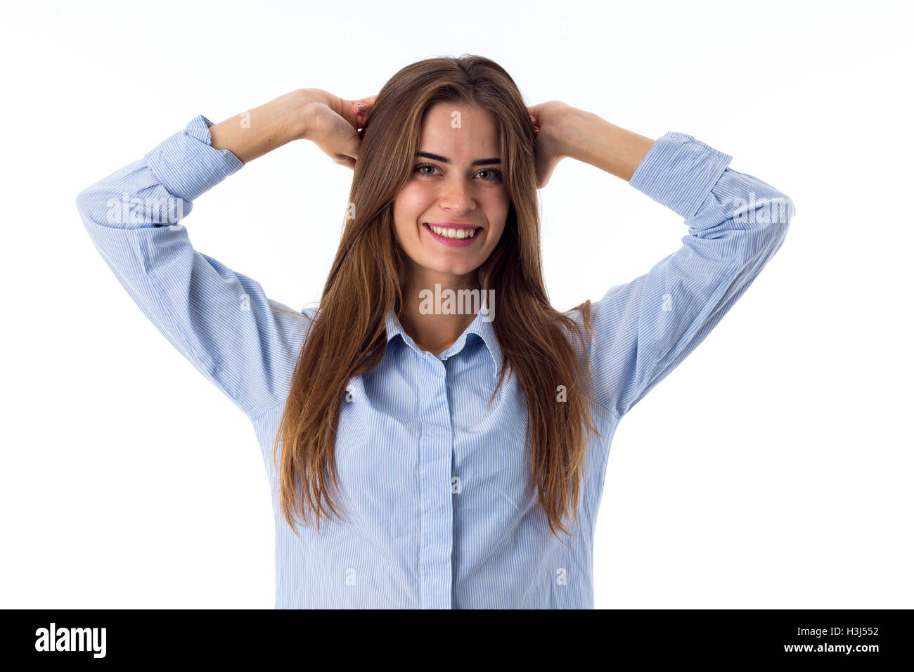 Woman holding hands up Stock Photo - Alamy