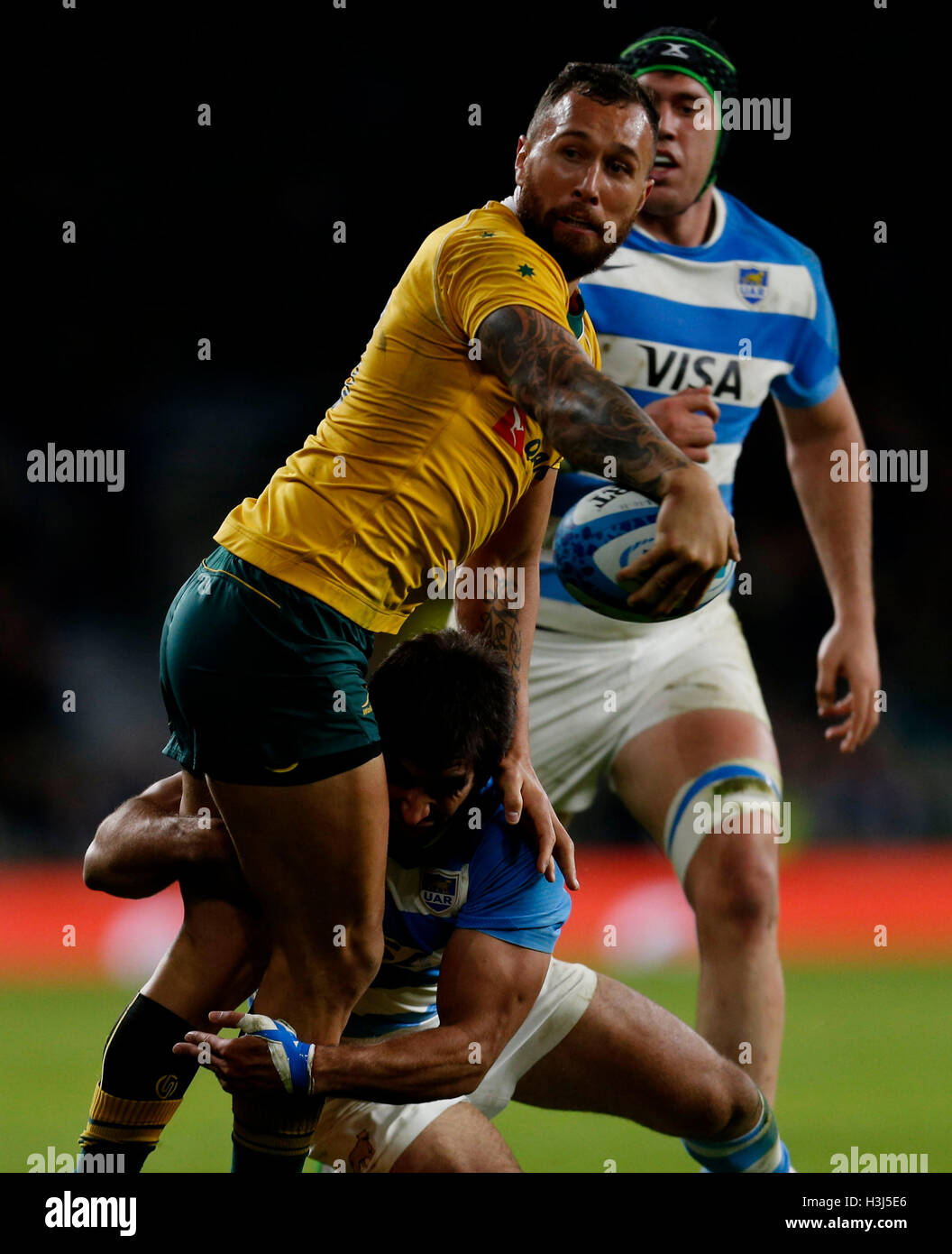 Australia's Quade Cooper and Argentina's Matias Orlando during the ...