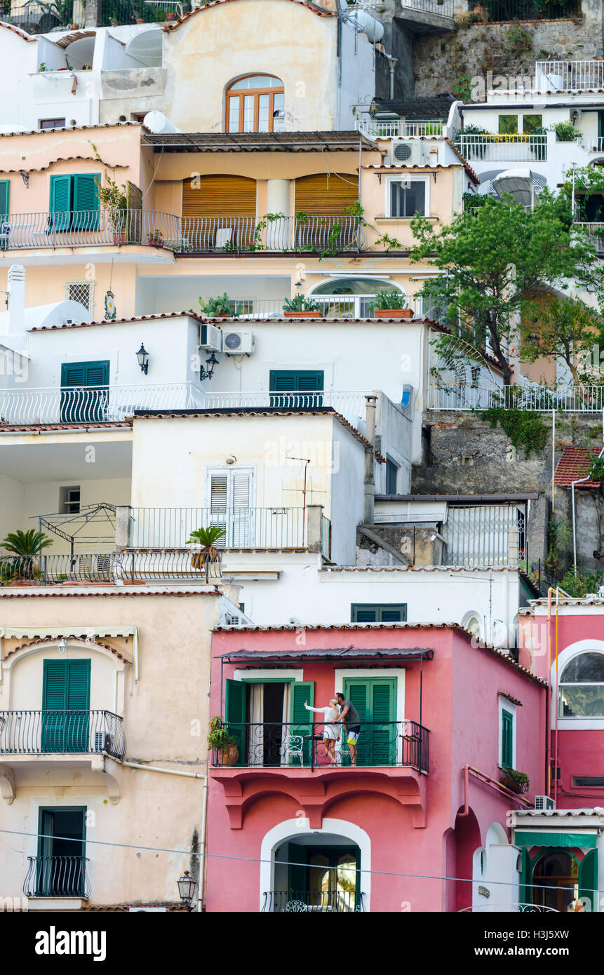 View of old cliff side houses in Positano, Amalfi Coast, Italy Stock ...