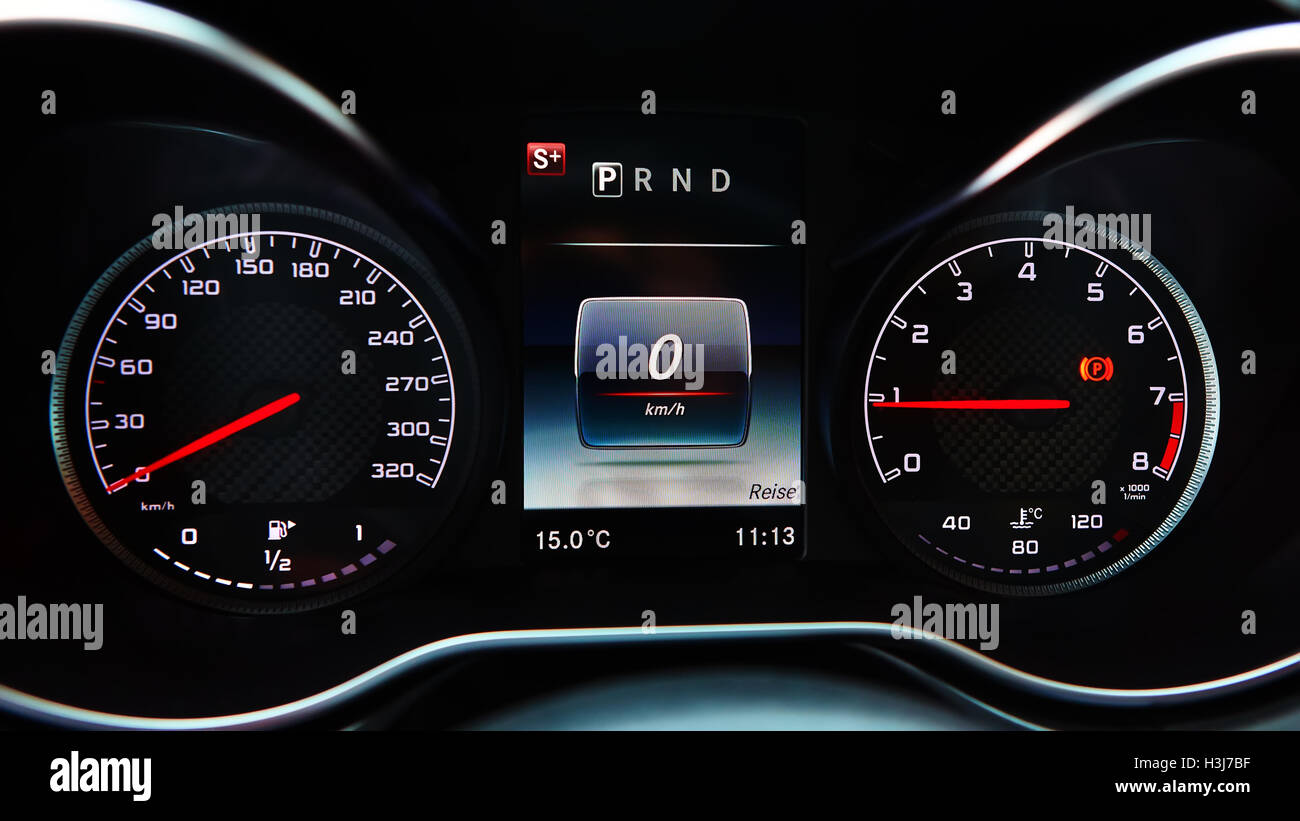 Modern car speedometer. Close up shot of the dashboard a car Stock ...