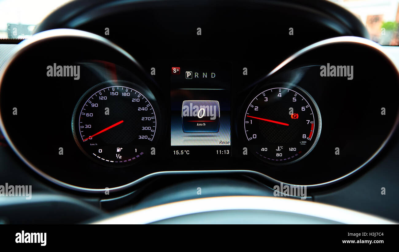 Modern car speedometer. Close up shot of the dashboard a car Stock ...