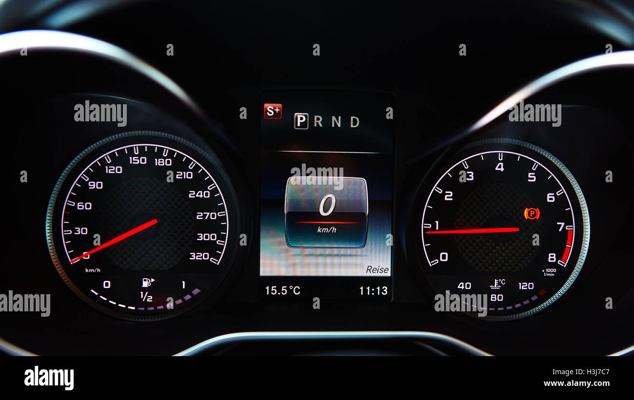 Modern car speedometer. Close up shot of the dashboard a car Stock ...