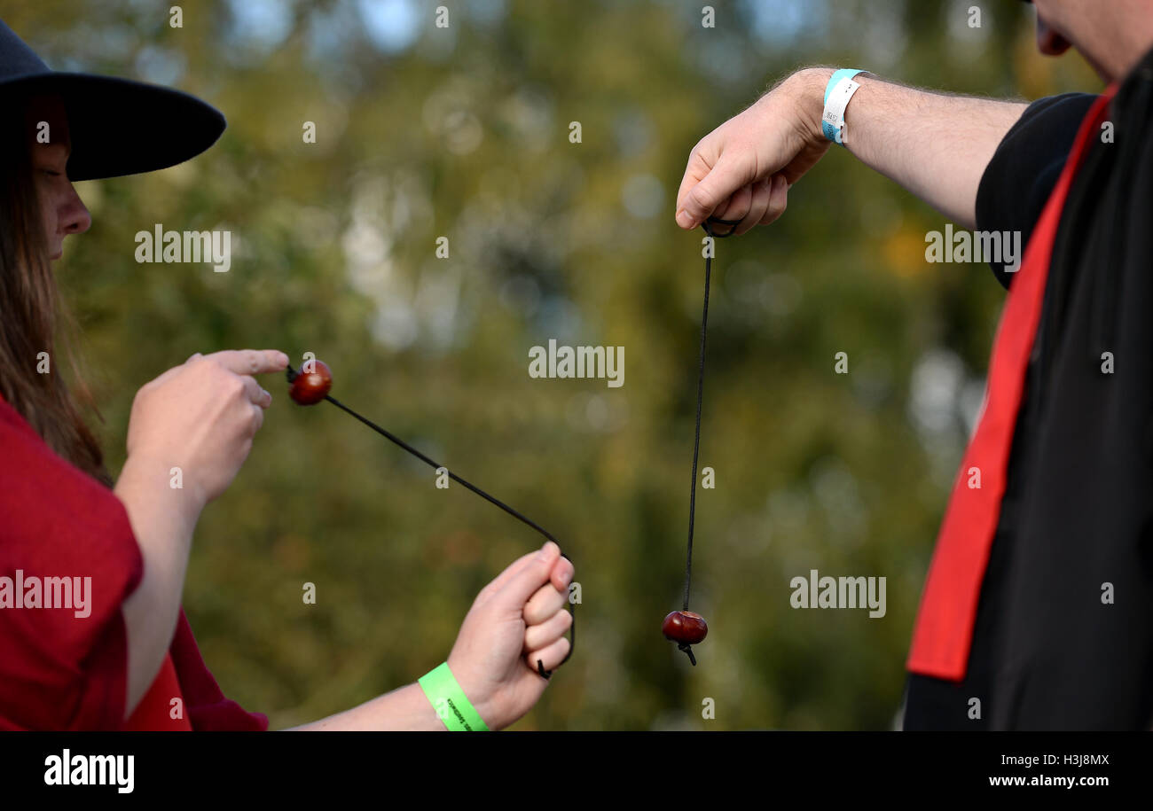 A competitor takes a shot during the 51st World Conker Championships at ...