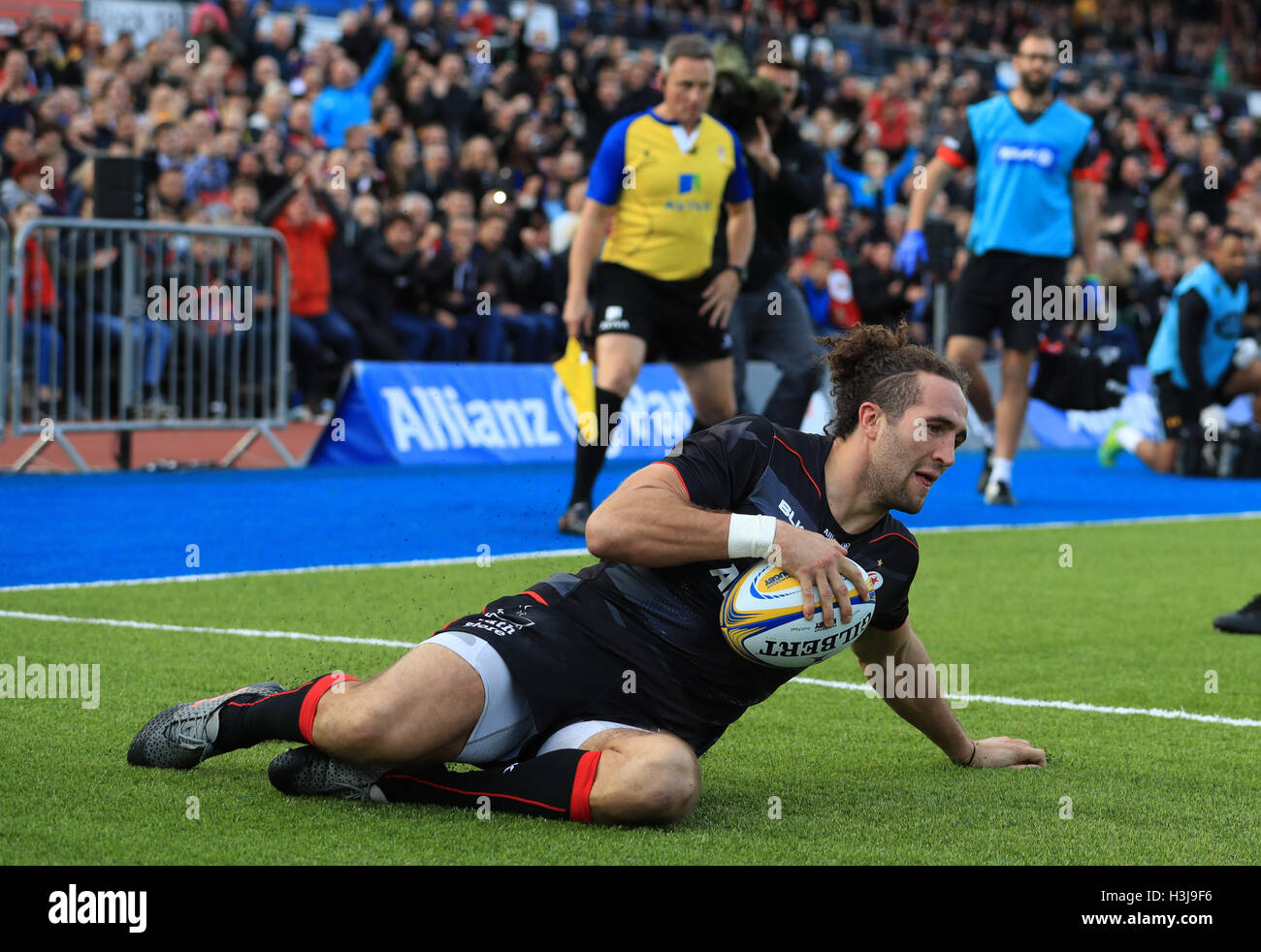Saracen's Mike Ellery goes over to score their second try during the ...