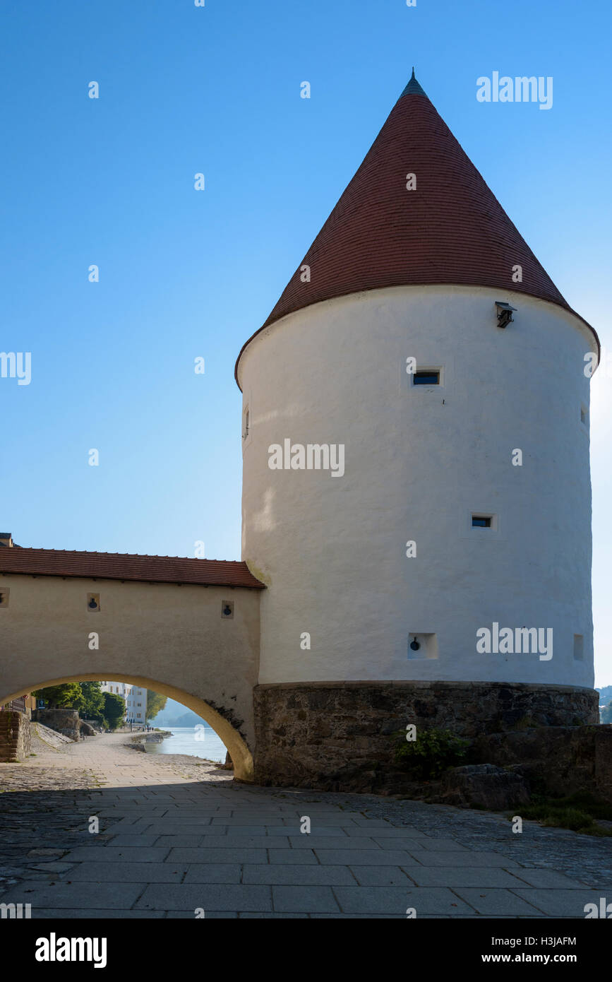 Schaibling Tower, located at the banks of the Inn River in Passau Stock ...