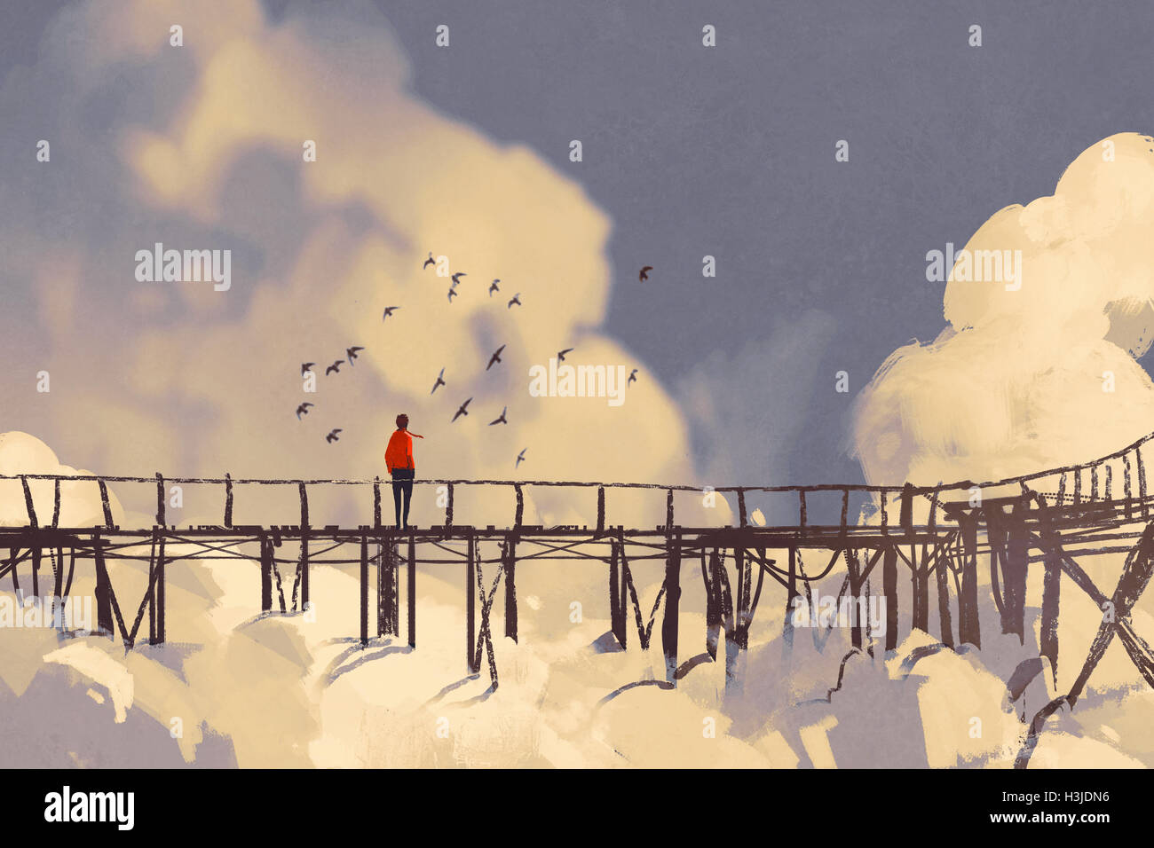 man standing on old bridge in a clouds,illustration painting Stock ...