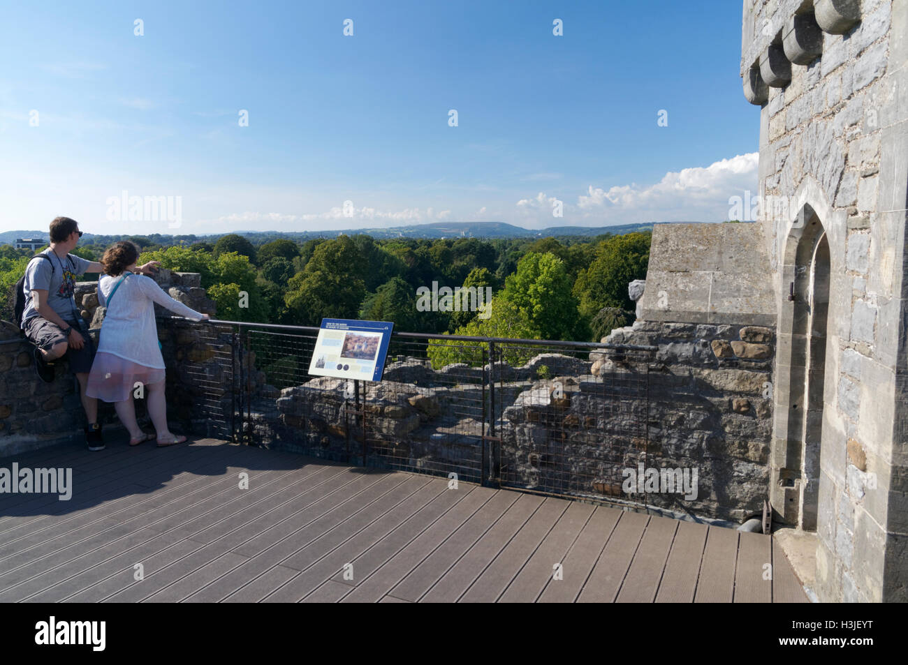 Couple looking at view from the Castle Keep, Cardiff Castle, Cardiff ...
