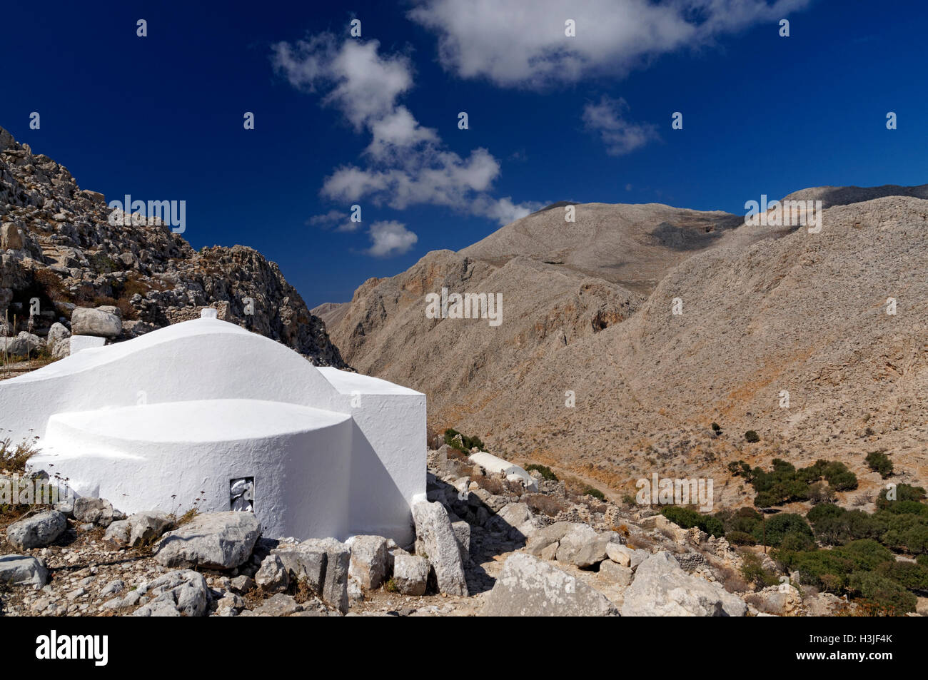 Whitewashed church in the abandoned village or Chorio, Chalki Island ...