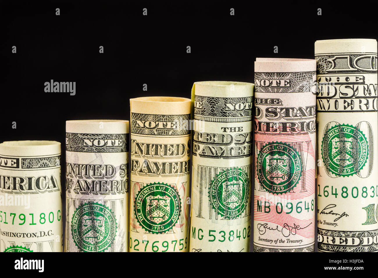 rising steps made of rolls of all american dollar banknotes in one row ...
