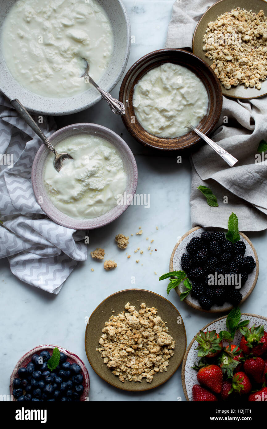 Yogurt in bowls with fresh fruit Stock Photo - Alamy