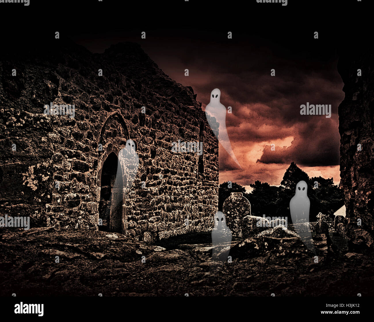 Abbey ruins and tombstones infested by Halloween ghosts Stock Photo - Alamy