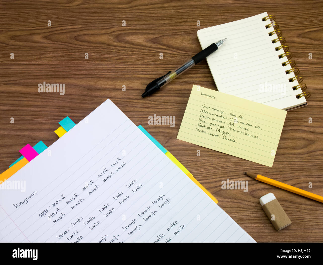 Portuguese; Learning New Language Writing Words on the Notebook Stock ...