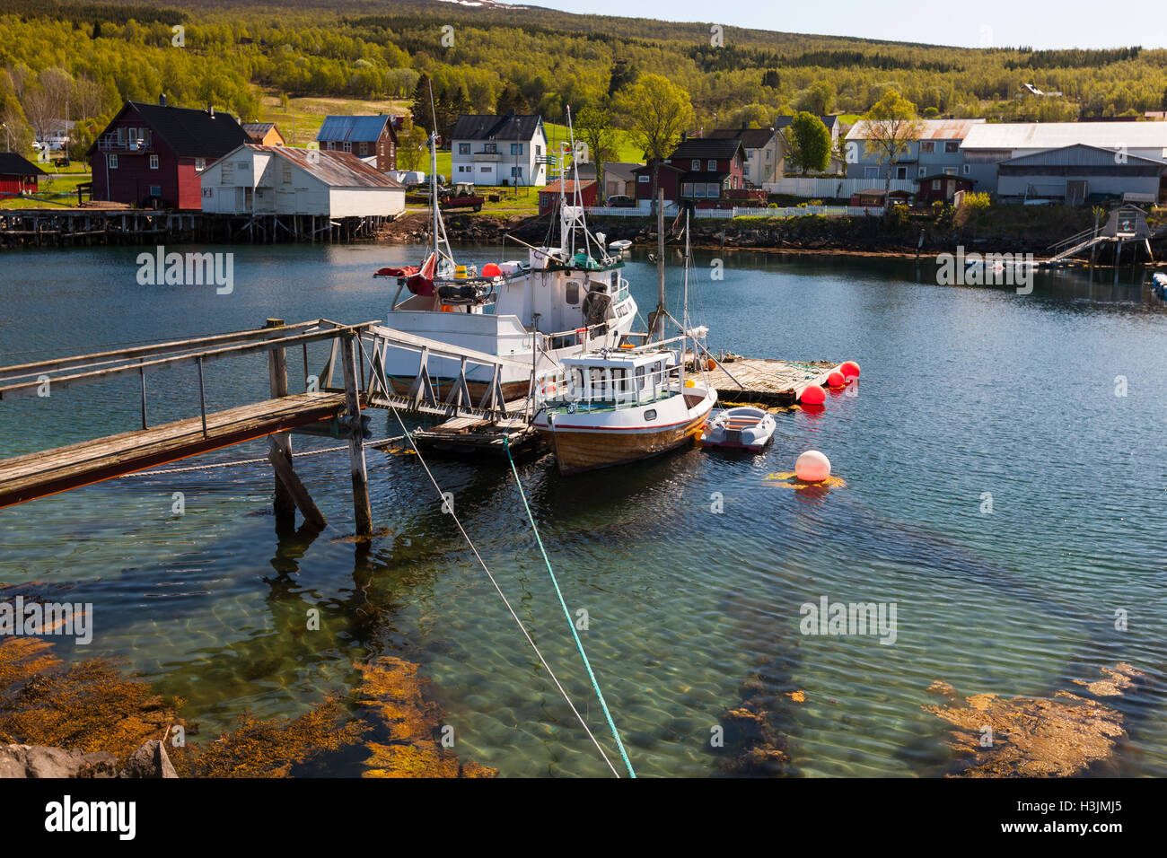 The pretty harbour at Tovik, Norway. A small fishing boat harbour close ...