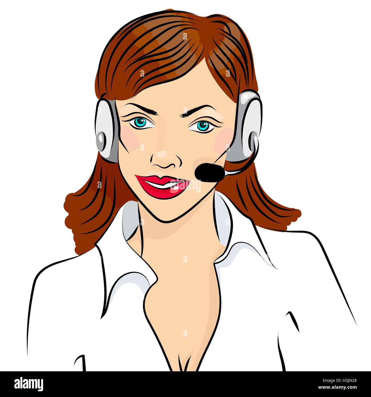 Vector illustration of smiling cute woman working as telephone operator ...