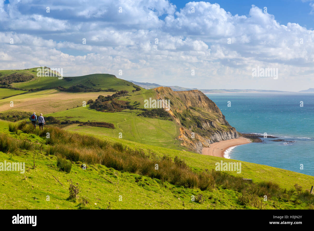 Walkers descending from the summit of Golden Cap on the SW Coast Path ...