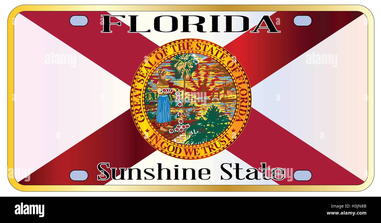 Florida state license plate with state flag over a white background ...
