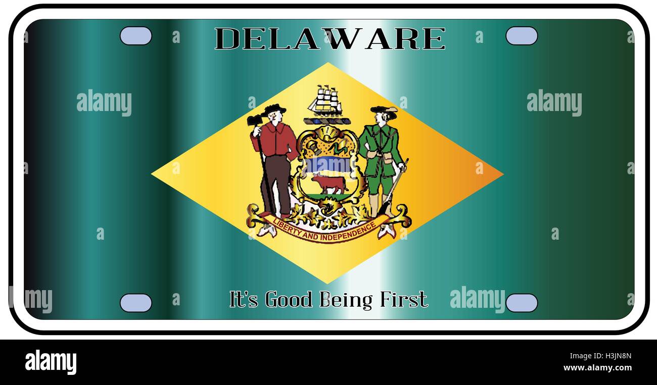 Delaware state license plate in the colors of the state flag with icons ...