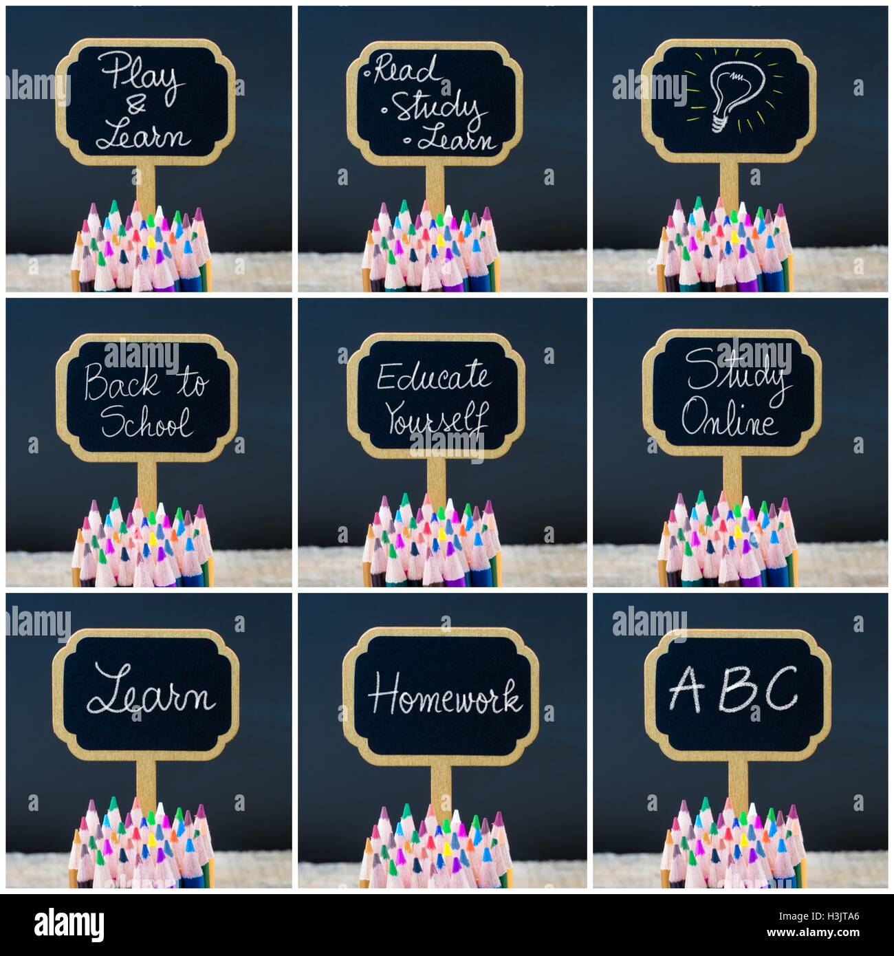 Photo collage of Wooden mini blackboard labels on the theme Back To ...