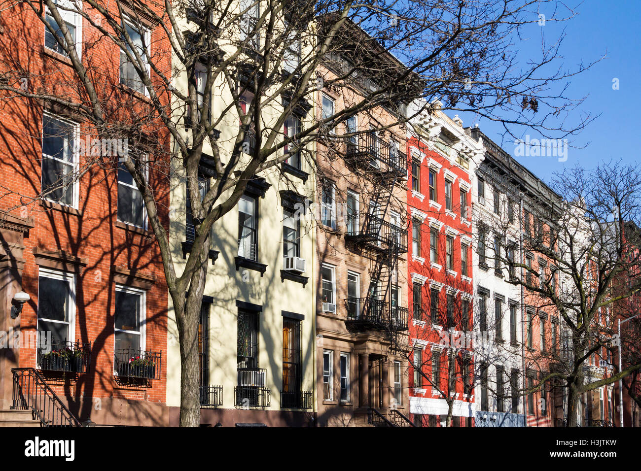 Colorful block of historic buildings along Tompkins Square Park on a ...